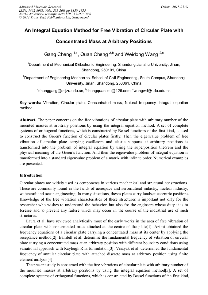An Integral Equation Method for Free Vibration of Circular Plate with ...