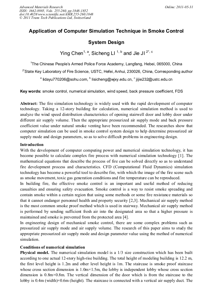 Application of Computer Simulation Technique in Smoke Control System ...