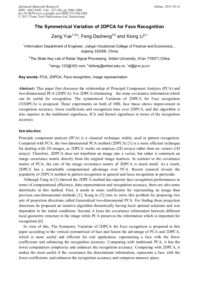 The Symmetrical Variation of 2DPCA for Face Recognition | Scientific.Net