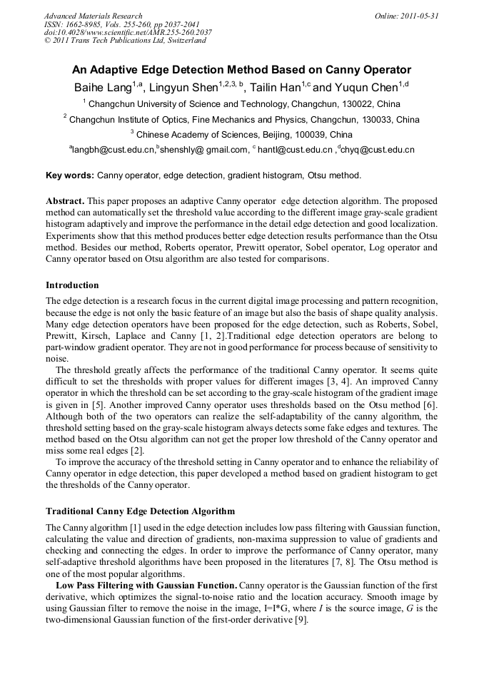 An Adaptive Edge Detection Method Based on Canny Operator | Scientific.Net