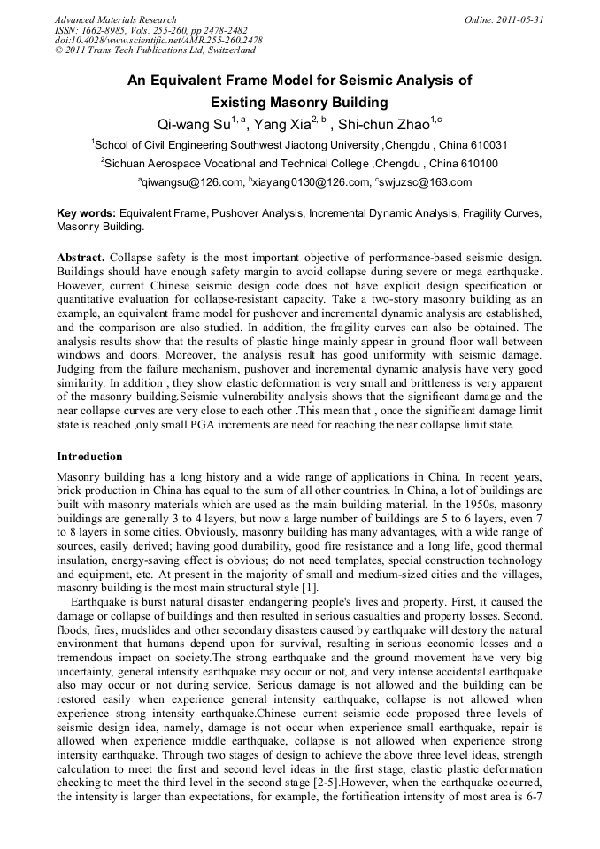 An Equivalent Frame Model for Seismic Analysis of Existing Masonry ...