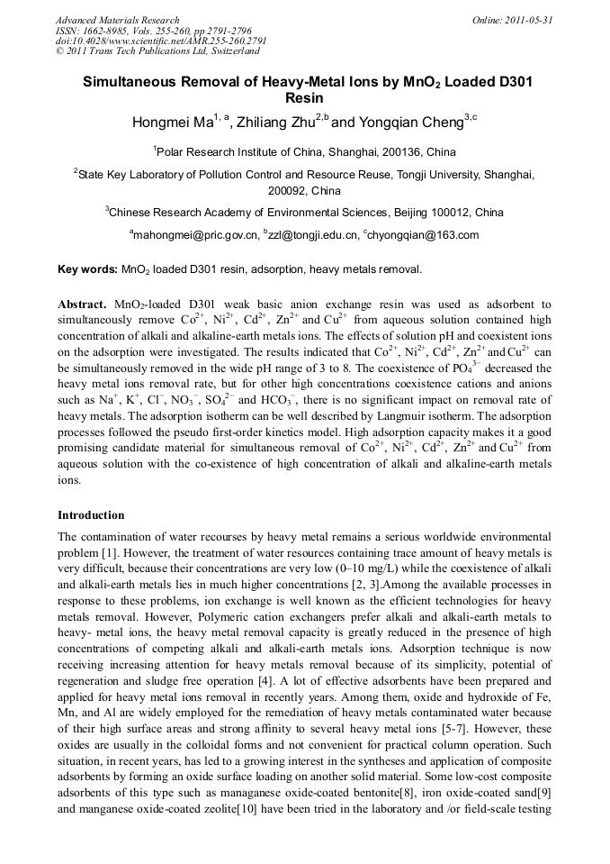 Simultaneous Removal of Heavy-Metal Ions by MnO2 Loaded D301 Resin ...