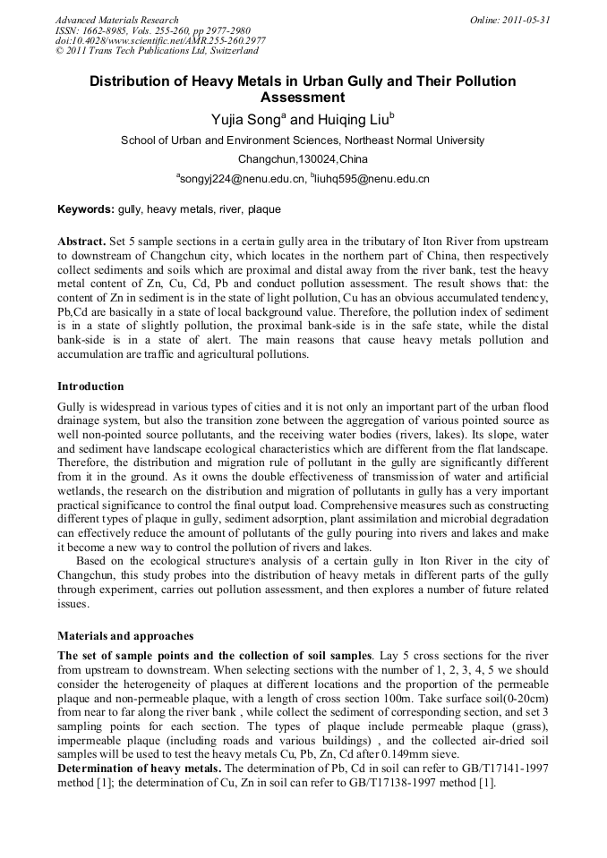 Distribution of Heavy Metals in Urban Gully and their Pollution ...