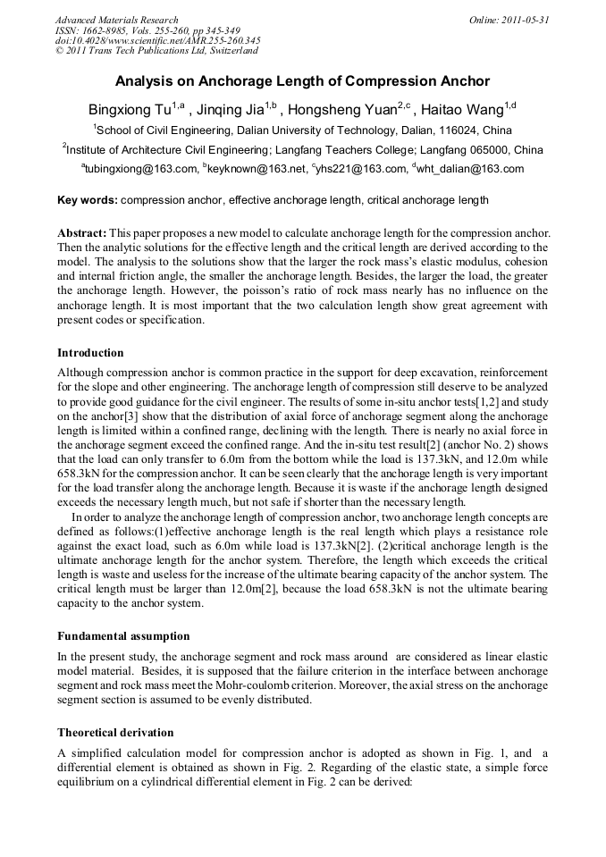 Analysis on Anchorage Length of Compression Anchor | Scientific.Net