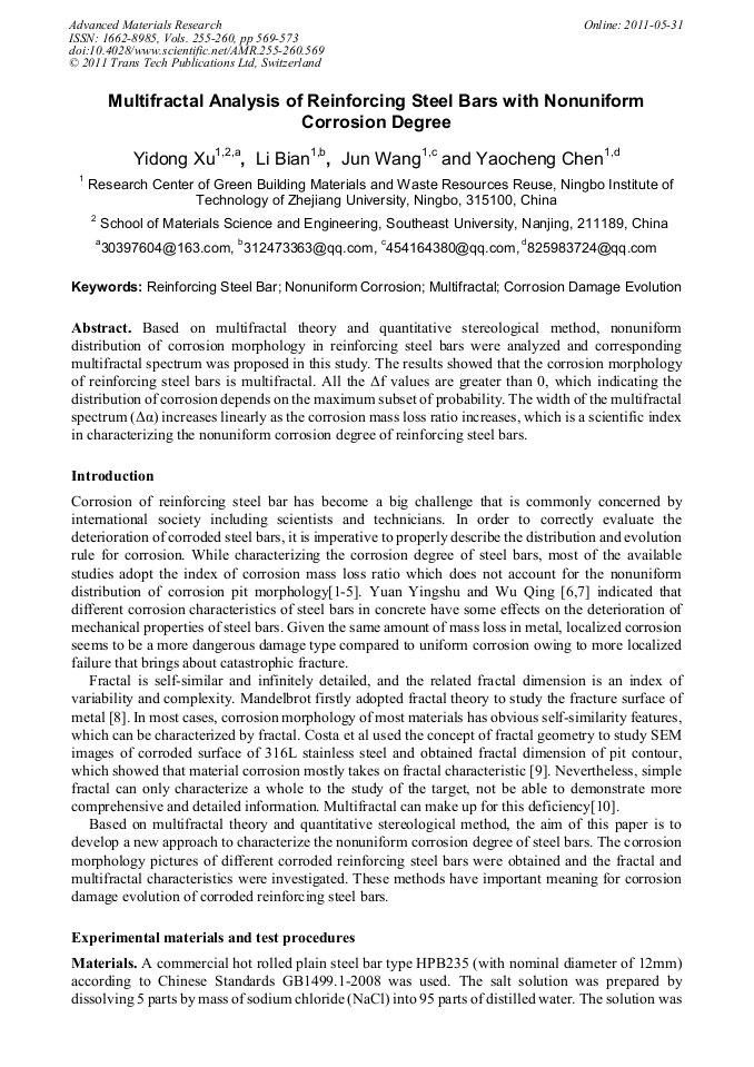 Multifractal Analysis Of Reinforcing Steel Bars With Nonuniform Multifractal Analysis Of Reinforcing Steel Bars With Nonuniform