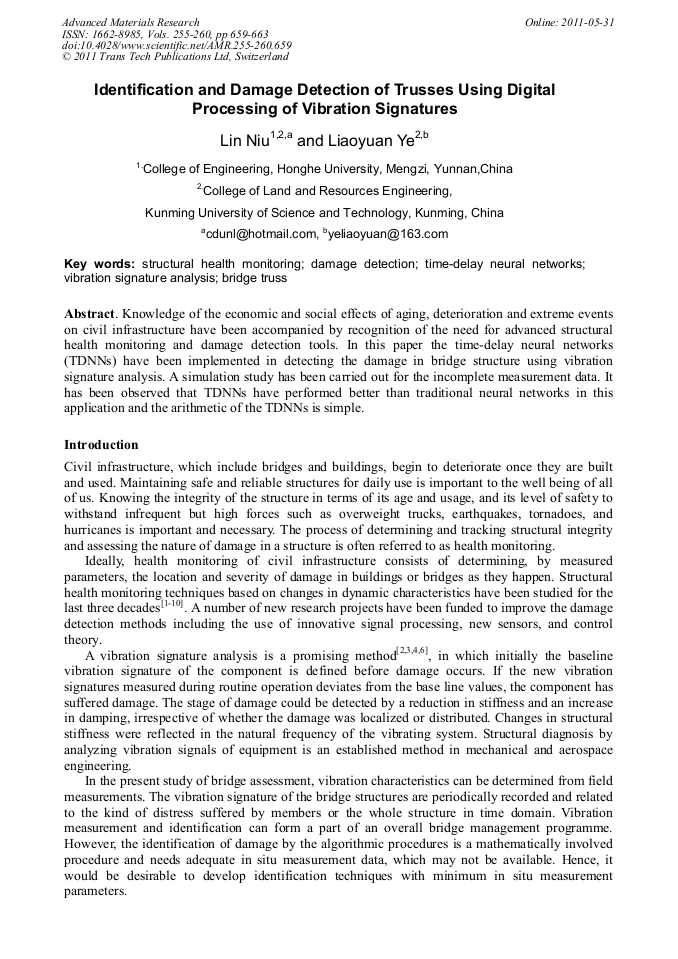 Identification and Damage Detection of Trusses Using Digital Processing of Vibration Signatures ...