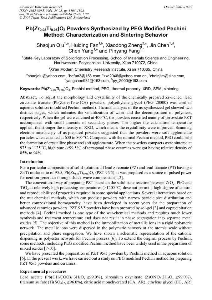 Pb(Zr0.95Ti0.05)O3 Powders Synthesized by PEG Modified Pechini Method ...