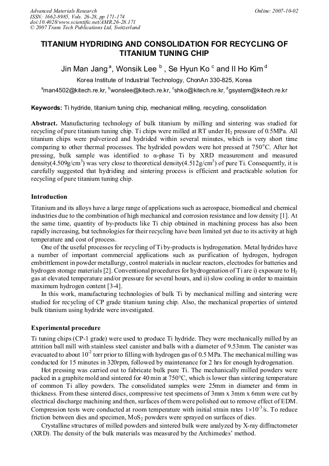 Titanium Hydriding and Consolidation for Recycling of Titanium Tuning ...