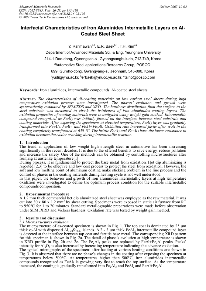 Interfacial Characteristics of Iron Aluminides Intermetallic Layers on ...