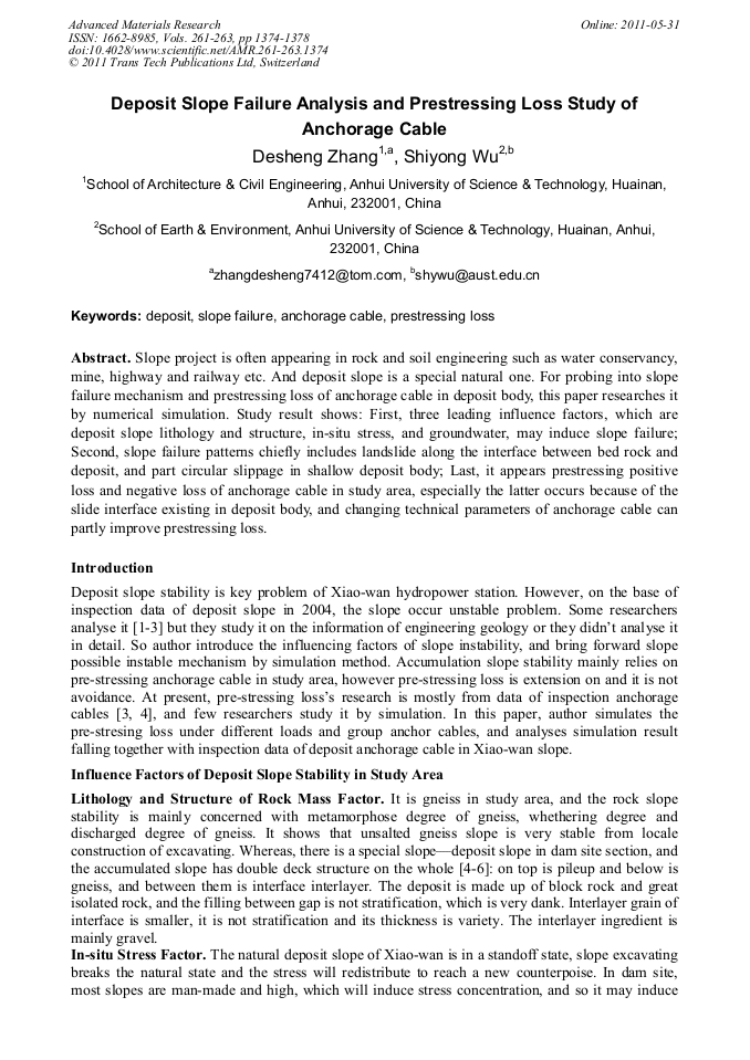Deposit Slope Failure Analysis and Prestressing Loss Study of Anchorage ...