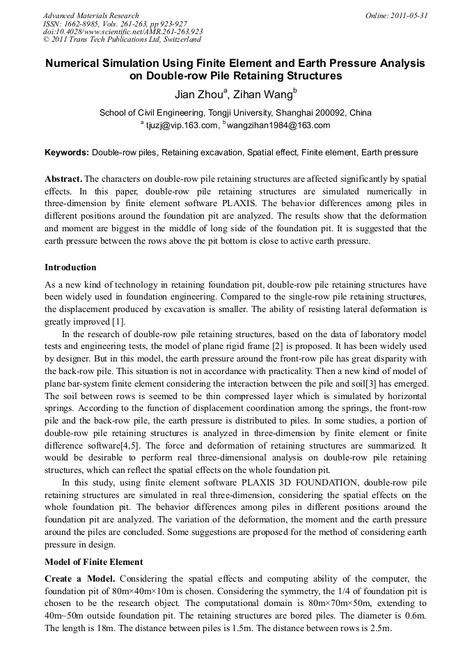 Numerical Simulation Using Finite Element and Earth Pressure Analysis on Double-Row Pile ...