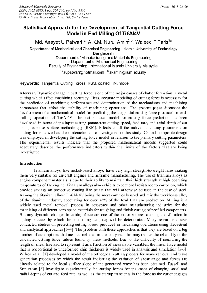 Statistical Approach for the Development of Tangential Cutting Force ...