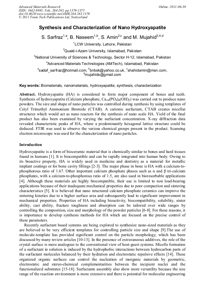 Synthesis and Characterization of Nano Hydroxyapatite | Scientific.Net
