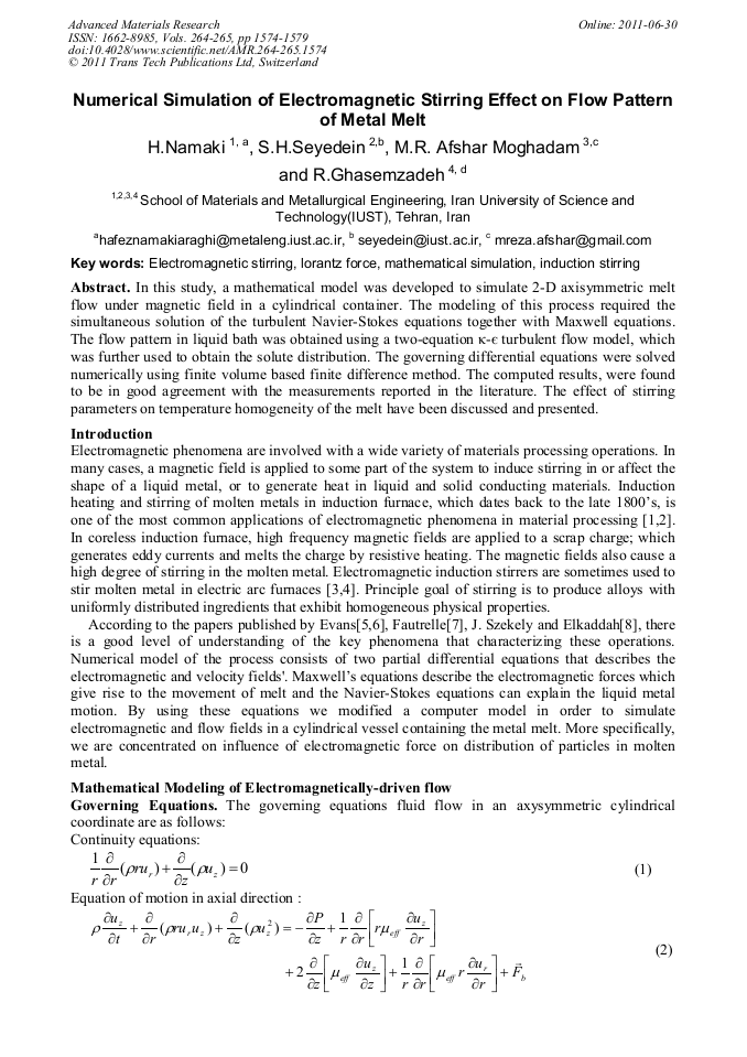 Numerical Simulation of Electromagnetic Stirring Effect on Flow Pattern ...