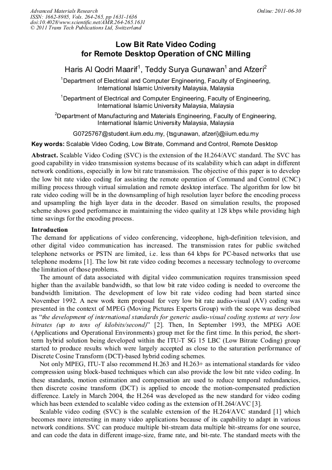 Low Bit Rate Video Coding for Remote Desktop Operation of CNC Milling ...