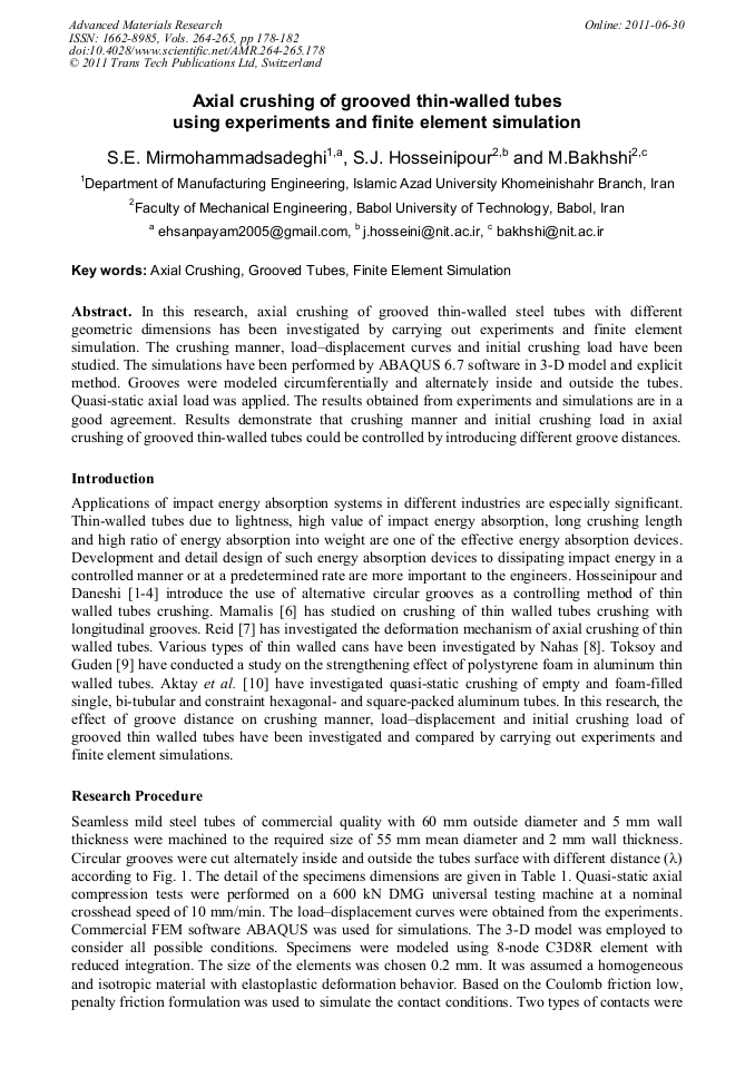 Axial Crushing of Grooved Thin-Walled Tubes Using Experiments and ...