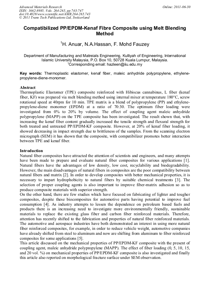 Compatibilized PP/EPDM-Kenaf Fibre Composite Using Melt Blending Method ...