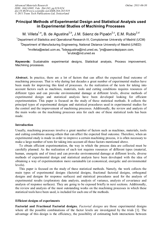 Principal Methods of Experimental Design and Statistical Analysis Used ...