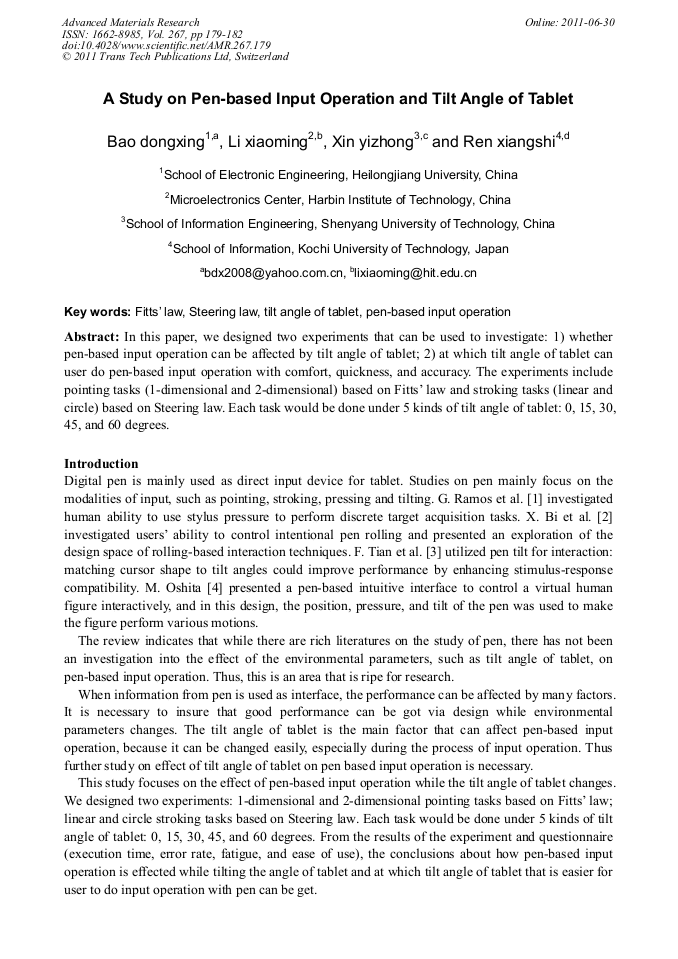 A Study on Pen-Based Input Operation and Tilt Angle of Tablet ...