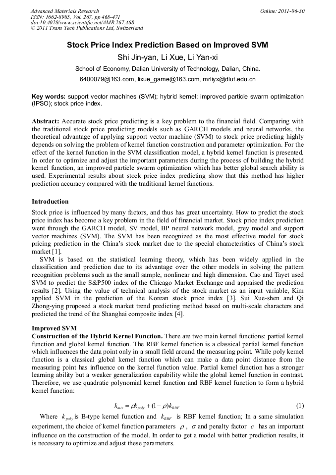 Stock Price Index Prediction Based on Improved SVM | Scientific.Net