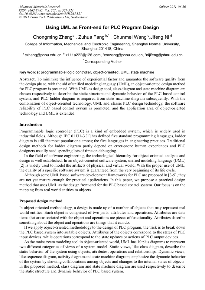 Using UML as Front-End for PLC Program Design | Scientific.Net