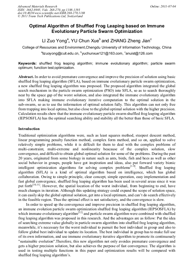 Optimal Algorithm of Shuffled Frog Leaping Based on Immune Evolutionary ...