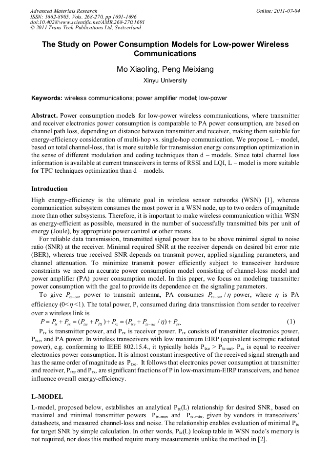 The Study on Power Consumption Models for Low-Power Wireless ...