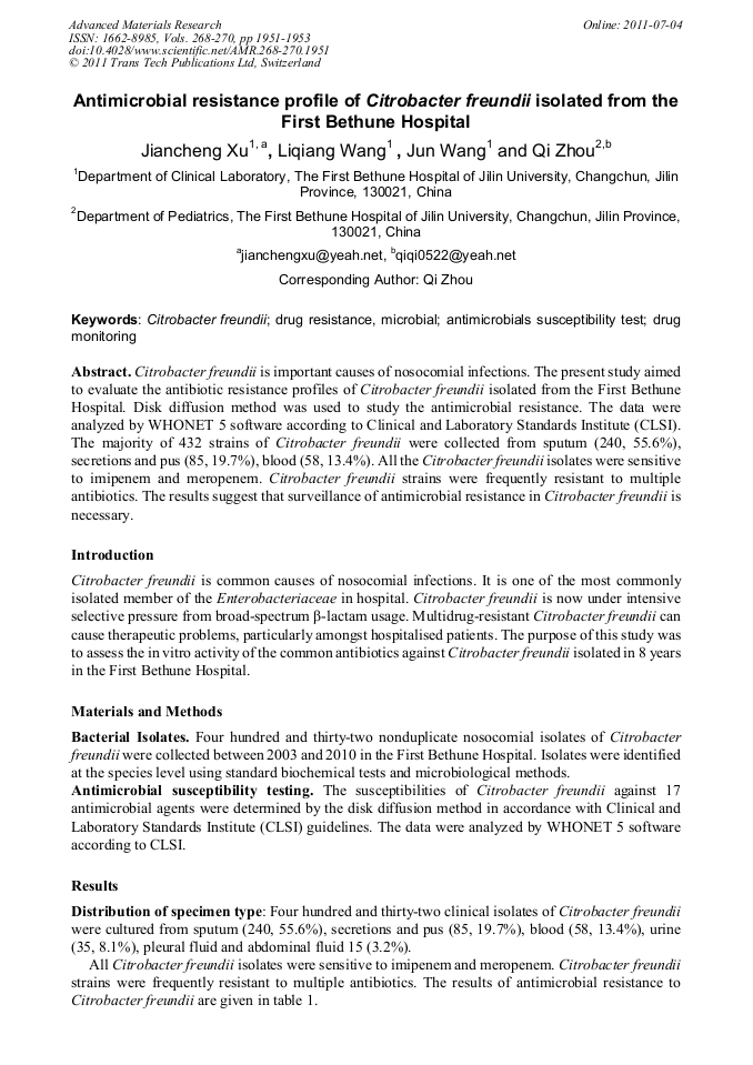 Antimicrobial Resistance Profile of Citrobacter freundii Isolated from ...
