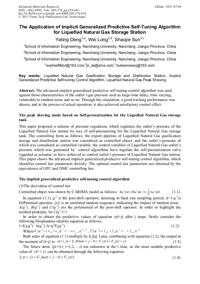The Application of Implicit Generalized Predictive Self-Tuning Algorithm for Liquefied Natural ...