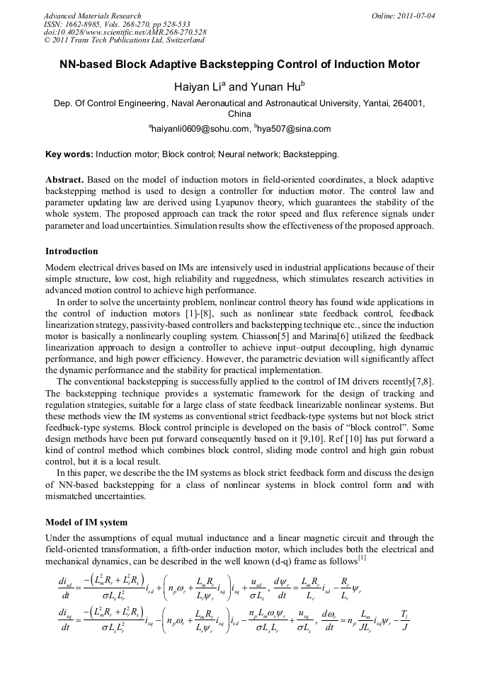 NN-Based Block Adaptive Backstepping Control of Induction Motor | Scientific.Net