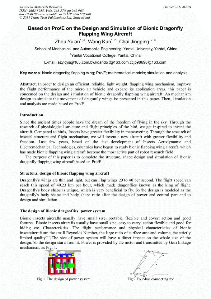 Based on Pro/E on the Design and Simulation of Bionic Dragonfly Flapping Wing Aircraft ...