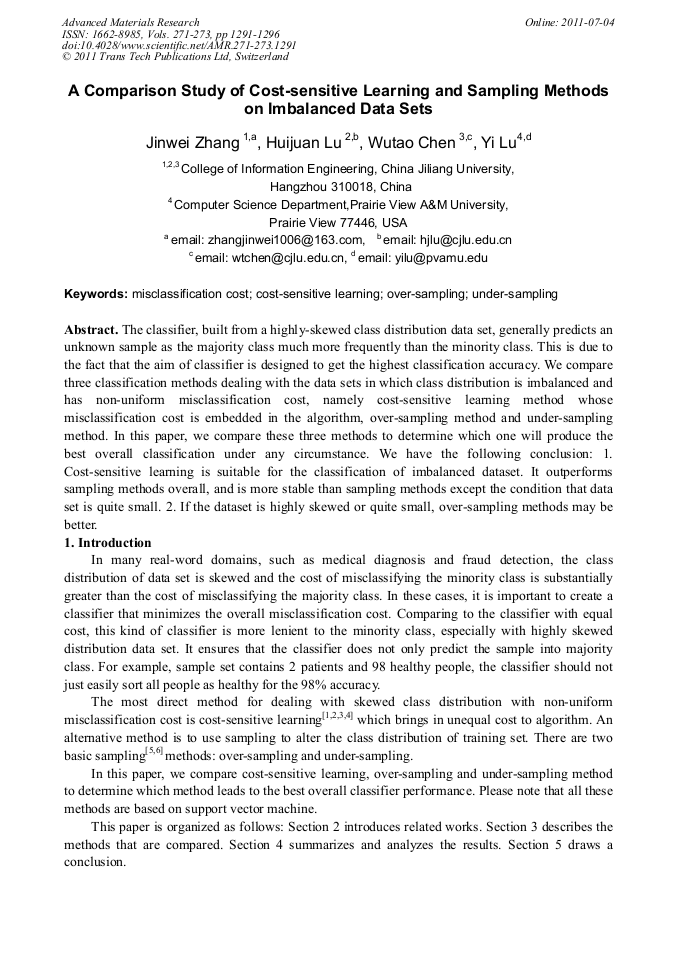 A Comparison Study of Cost-Sensitive Learning and Sampling Methods on ...