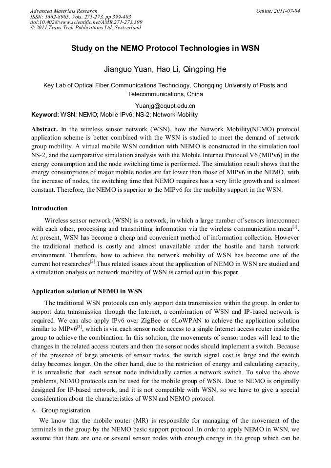Study on the NEMO Protocol Technologies in WSN | Scientific.Net