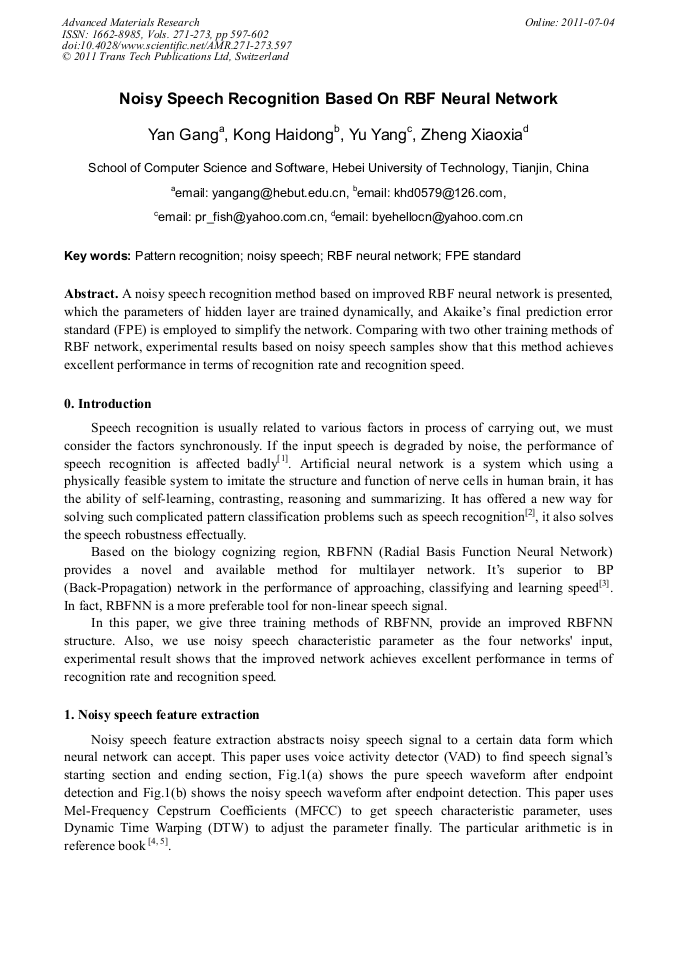 Noisy Speech Recognition Based on RBF Neural Network | Scientific.Net