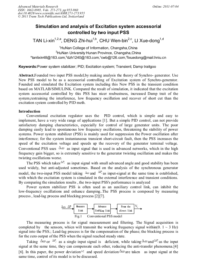 Simulation and Analysis of Excitation System Accessorial Controlled by ...
