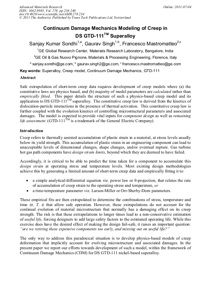 Continuum Damage Mechanics Modeling of Creep in DS GTD-111TM Superalloy ...