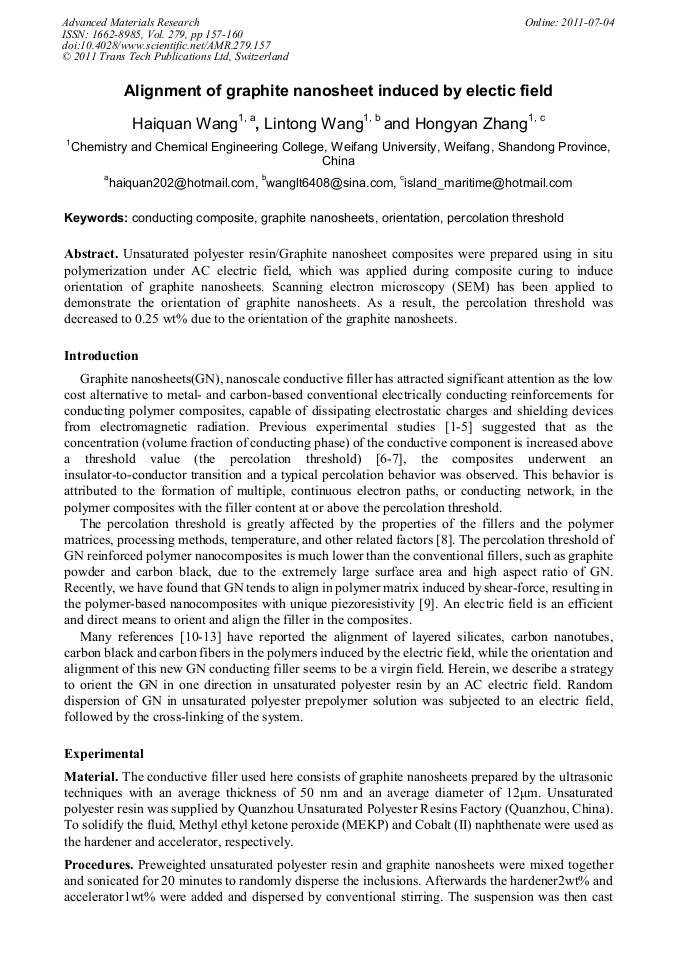 Alignment of Graphite Nanosheet Induced by Electic Field | Scientific.Net