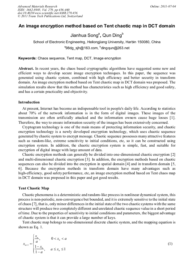 An Image Encryption Method Based on Tent Chaotic Map in DCT Domain | Scientific.Net