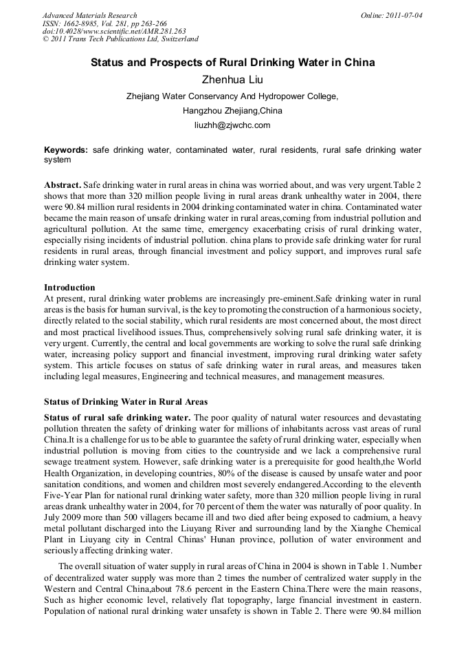 Status and Prospects of Rural Drinking Water in China | Scientific.Net
