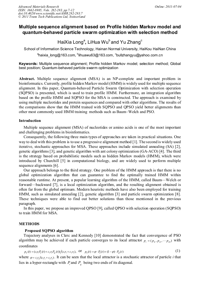 Multiple Sequence Alignment Based on Profile Hidden Markov Model and Quantum-Behaved Particle ...