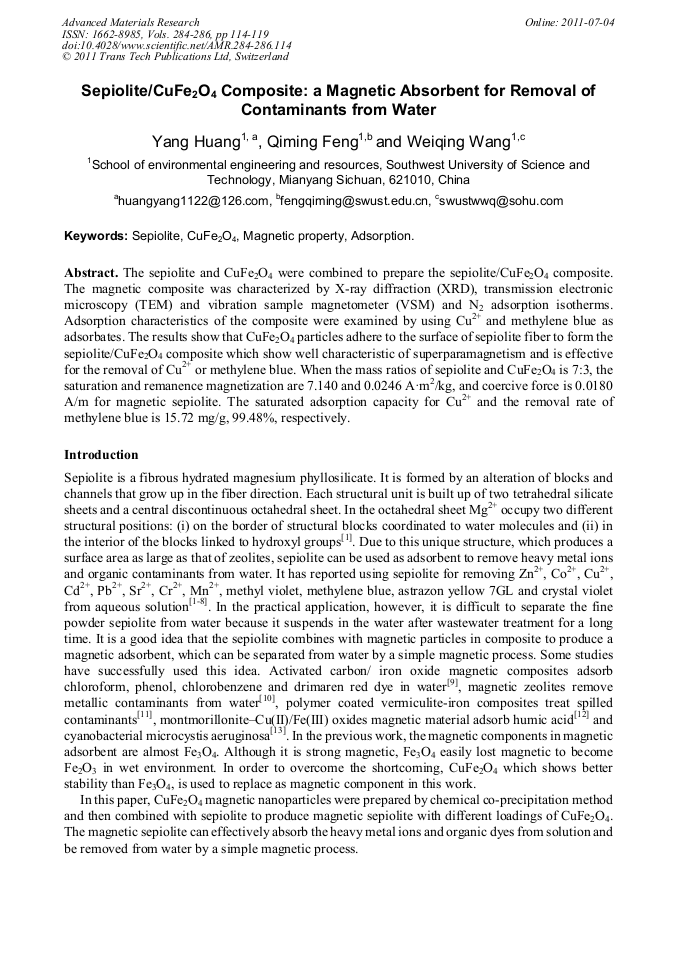 Sepiolite/CuFe2O4 Composite: a Magnetic Absorbent for Removal of ...