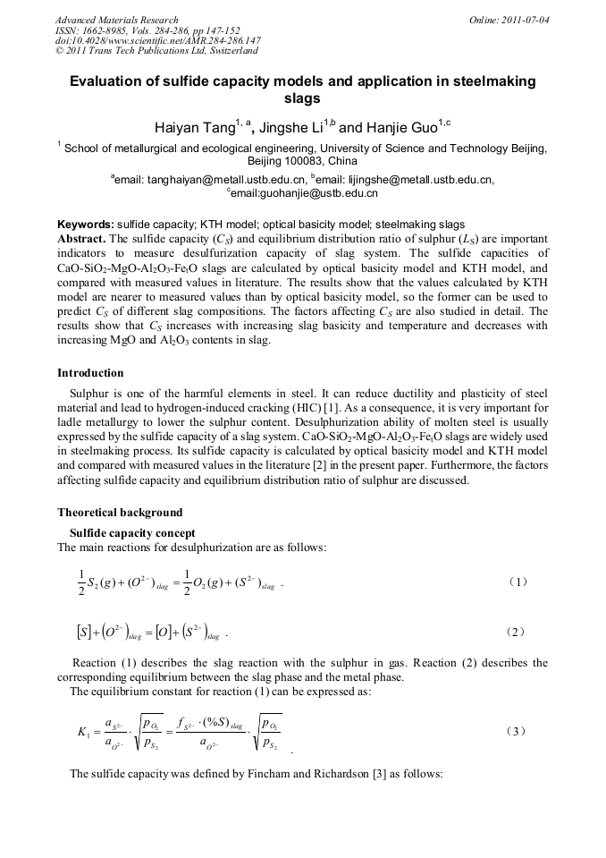 Evaluation of Sulfide Capacity Models and Application in Steelmaking ...