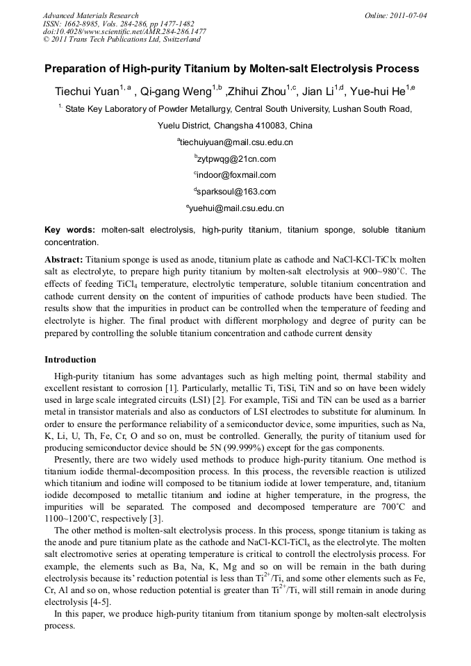 Preparation of High-Purity Titanium by Molten-Salt Electrolysis Process ...