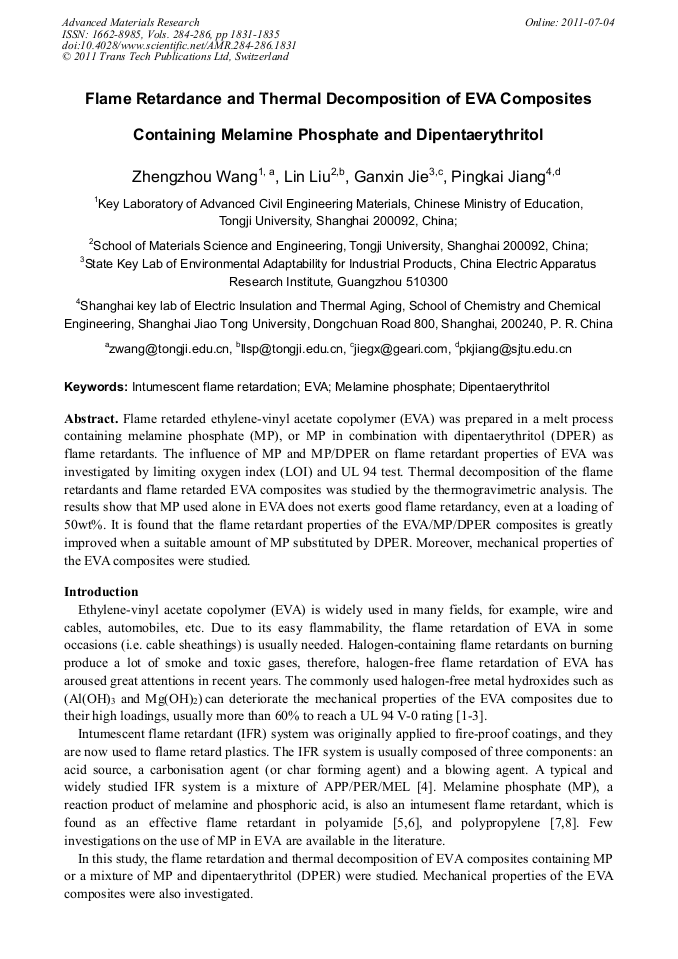 Flame Retardance and Thermal Decomposition of EVA Composites Containing ...