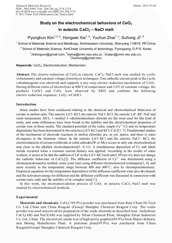 Study on the Electrochemical Behaviors of CeO2 in Eutectic CaCl2 – NaCl ...