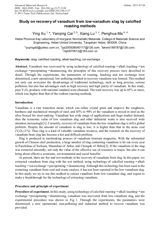 Study on Recovery of Vanadium from Low-Vanadium Slag by Calcified ...