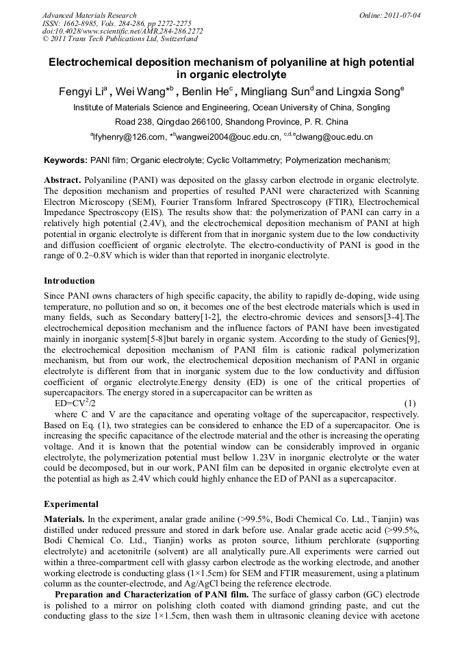 Electrochemical Deposition Mechanism of Polyaniline at High Potential ...