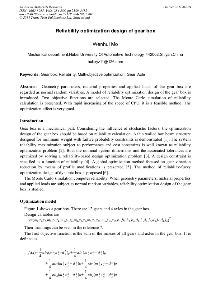 Reliability Optimization Design of Gear Box | Scientific.Net