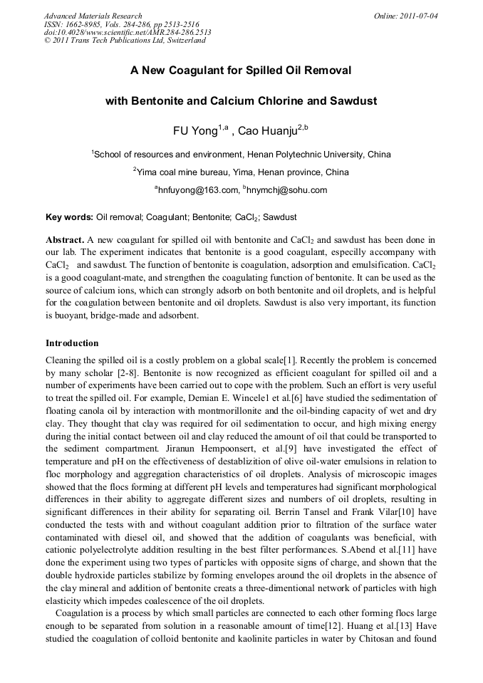 A New Coagulant for Spilled Oil Removal with Bentonite and Calcium ...
