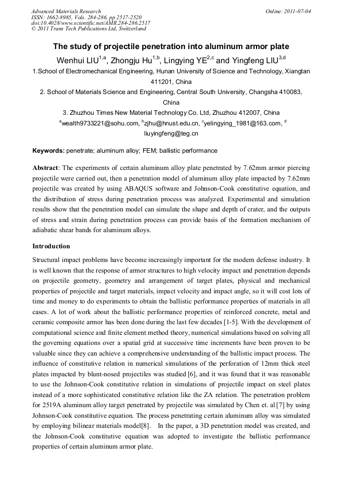 The Study of Projectile Penetration into Aluminum Armor Plate ...